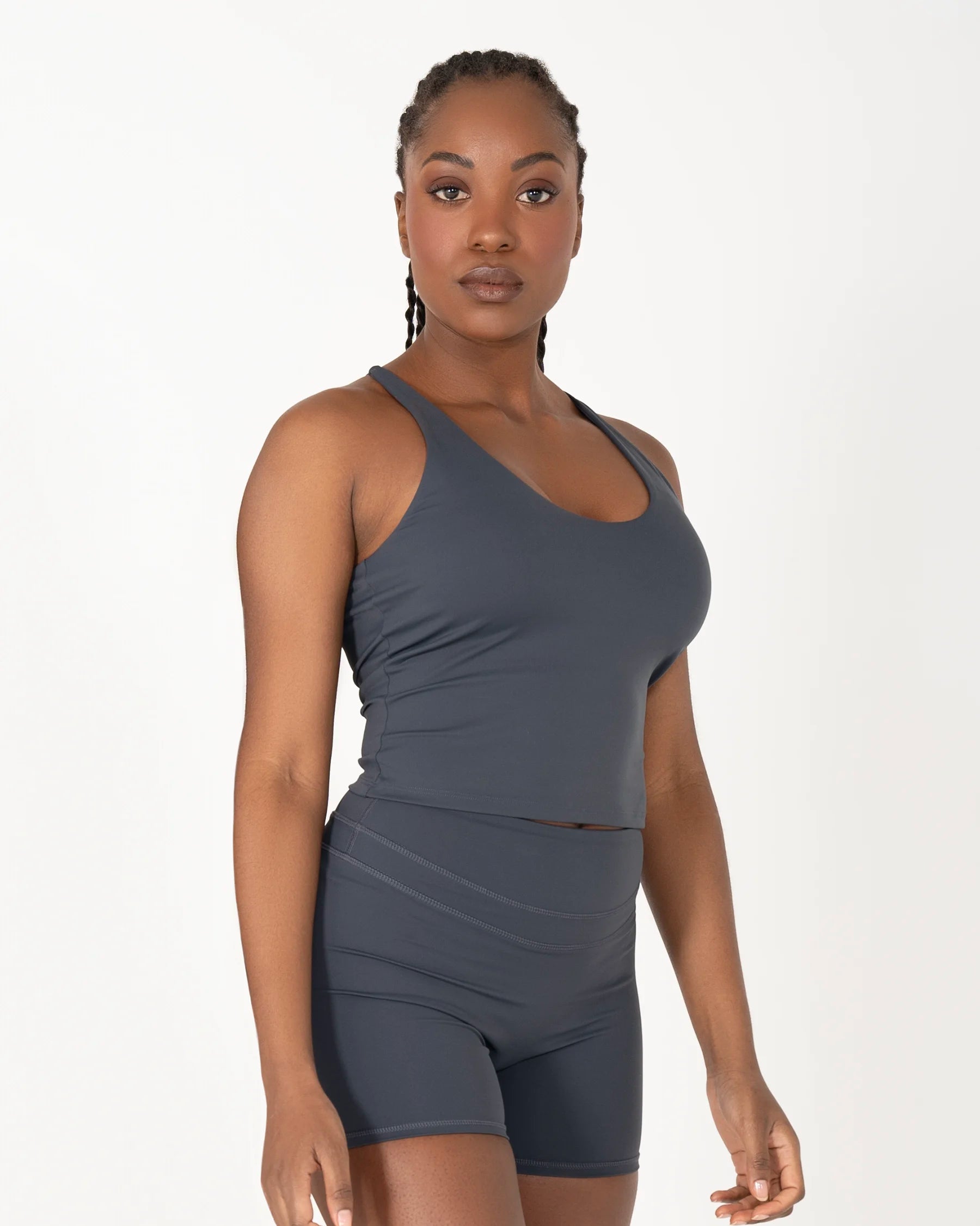 Débardeur à brassière intégrée de sport Femme - AMY Bleu Gris | Reaverfit